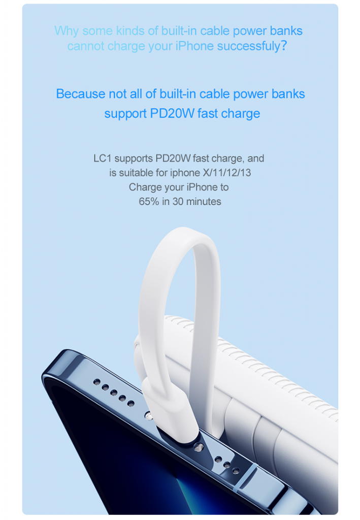 Yoobao LC1 10000mAh Built-in Cable Type-C and Lightning Cable PD20W – Putih – Jakarta Camera